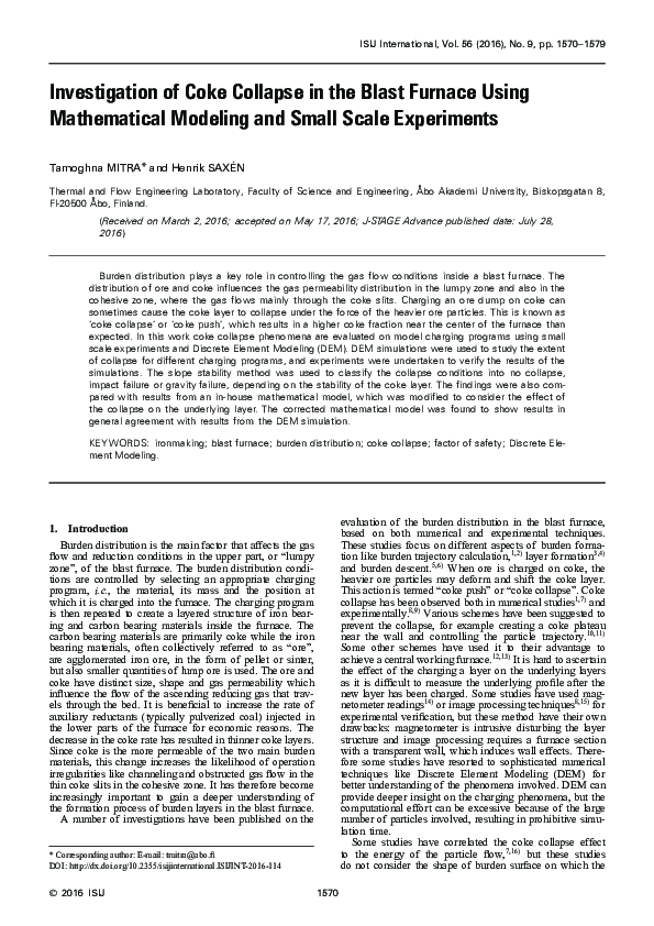 (PDF) Investigation of Coke Collapse in the Blast Furnace Using Mathematical Modeling and Small ...