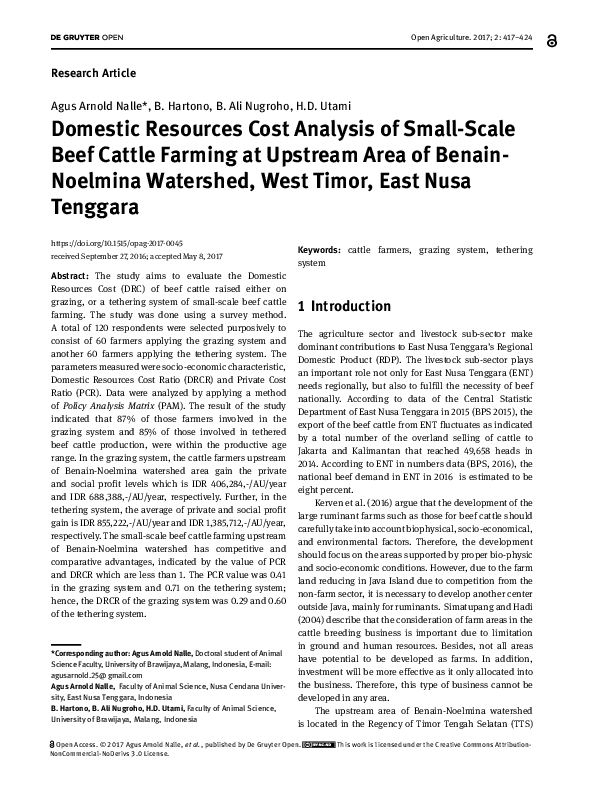 (PDF) Domestic Resources Cost Analysis of Small-Scale Beef Cattle Farming at Upstream Area of ...