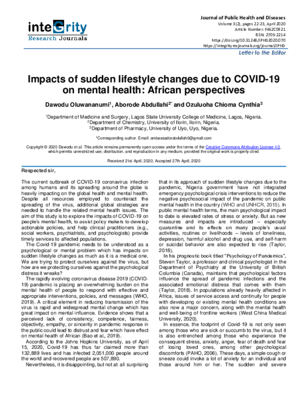 (PDF) Impacts of sudden lifestyle changes due to COVID-19 on mental ...