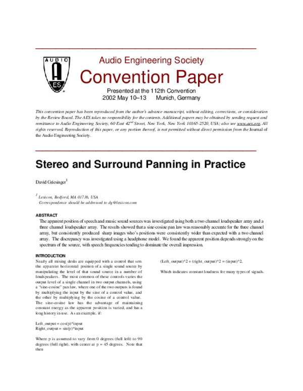 (PDF) Stereo and surround panning in practice