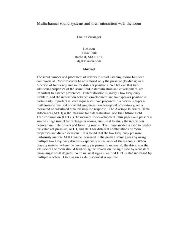 (PDF) Multichannel sound systems and their interaction with the room ...