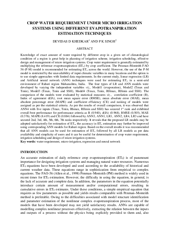 (PDF) Crop Water Requirement Under Micro Irrigation Systems Using Different Evapotranspiration ...