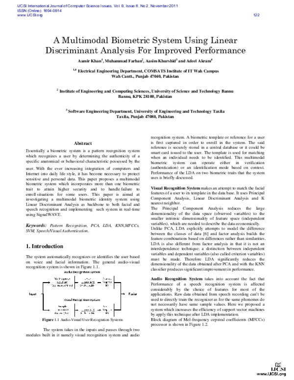 (PDF) A Multimodal Biometric System Using Linear Discriminant Analysis For Improved Performance