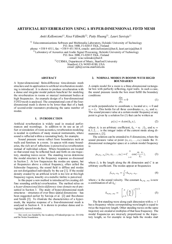 Pdf Artificial Reverberation Using A Hyper Dimensional Fdtd Mesh Vesa Välimäki 9725