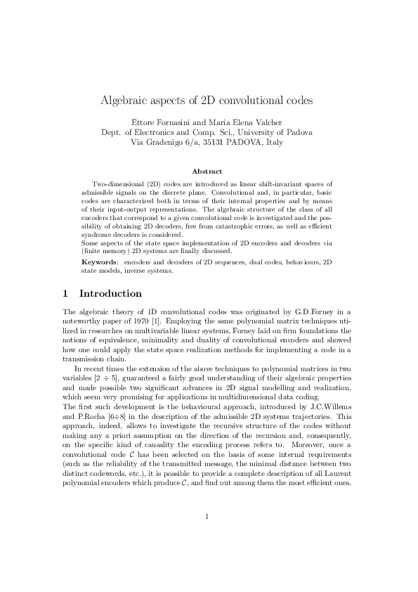 (PDF) Algebraic aspects of 2D convolutional codes