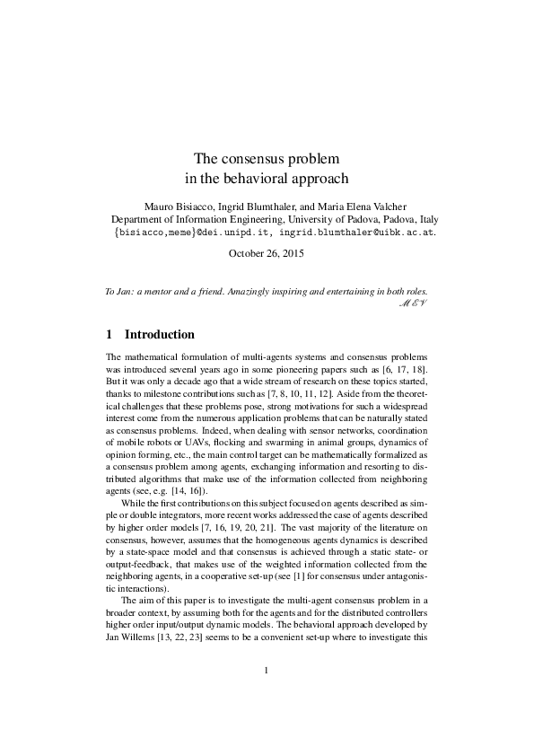 (PDF) The consensus problem in the behavioral approach