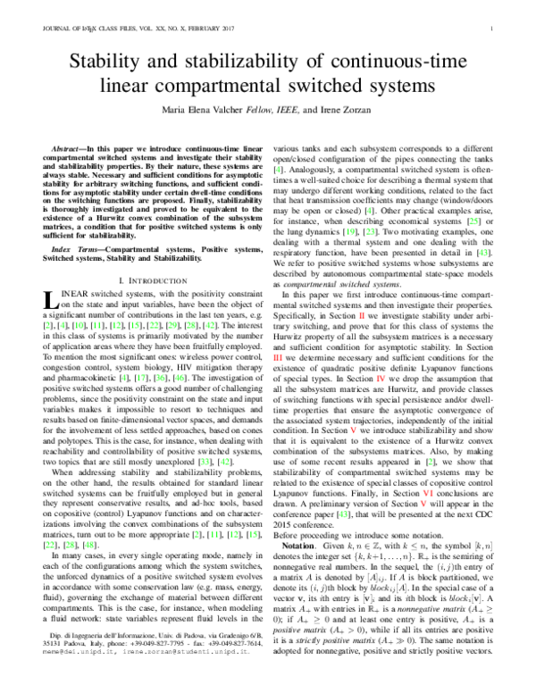 (PDF) Stability and Stabilizability of Continuous-Time Linear Compartmental Switched Systems
