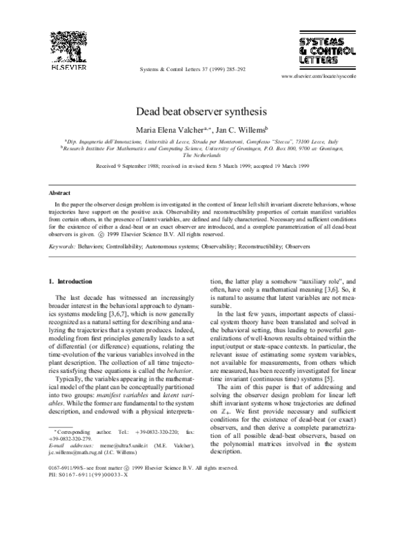 (PDF) Dead beat observer synthesis