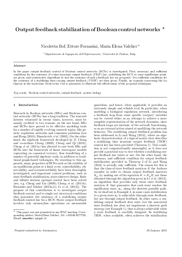 (PDF) Output feedback stabilization of Boolean control networks