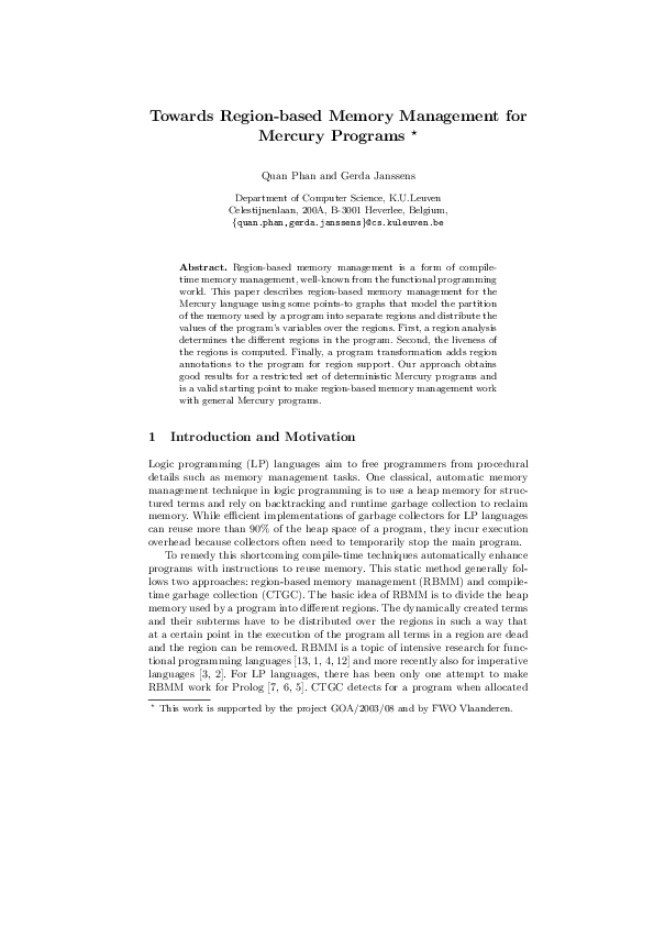 (PDF) Towards Region-Based Memory Management for Mercury Programs