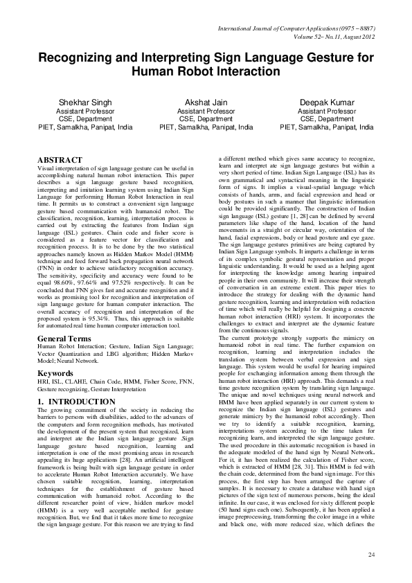 (PDF) Recognizing and Interpreting Sign Language Gesture for Human Robot Interaction
