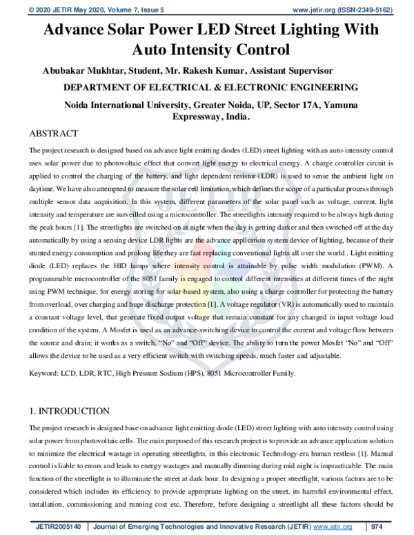 (PDF) Advance Solar Power LED Street Lighting With Auto Intensity Control