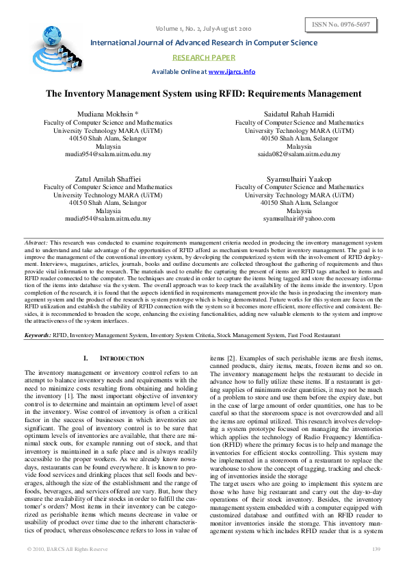(PDF) The Inventory Management System using RFID: Requirements Management