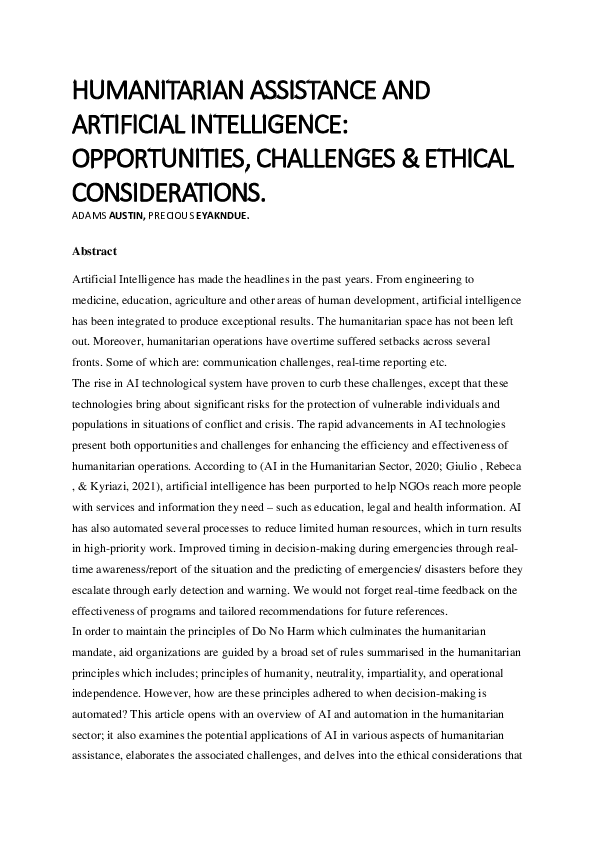 (PDF) HUMANITARIAN ASSISTANCE AND ARTIFICIAL INTELLIGENCE: OPPORTUNITIES, CHALLENGES & ETHICAL ...