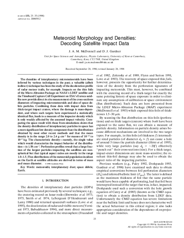 (PDF) Meteoroid Morphology and Densities: Decoding Satellite Impact Data