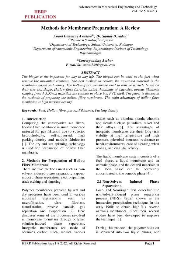 (PDF) Methods for Membrane Preparation: A Review