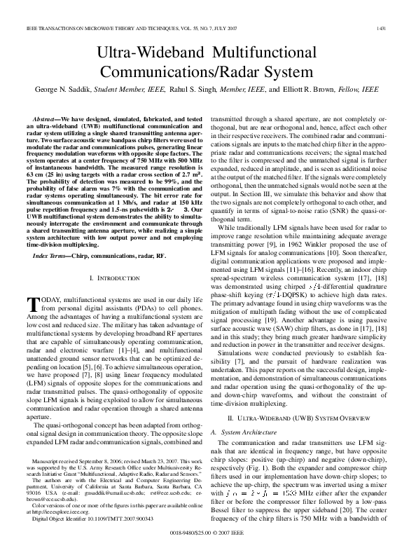 (PDF) Ultra-Wideband Multifunctional Communications/Radar System