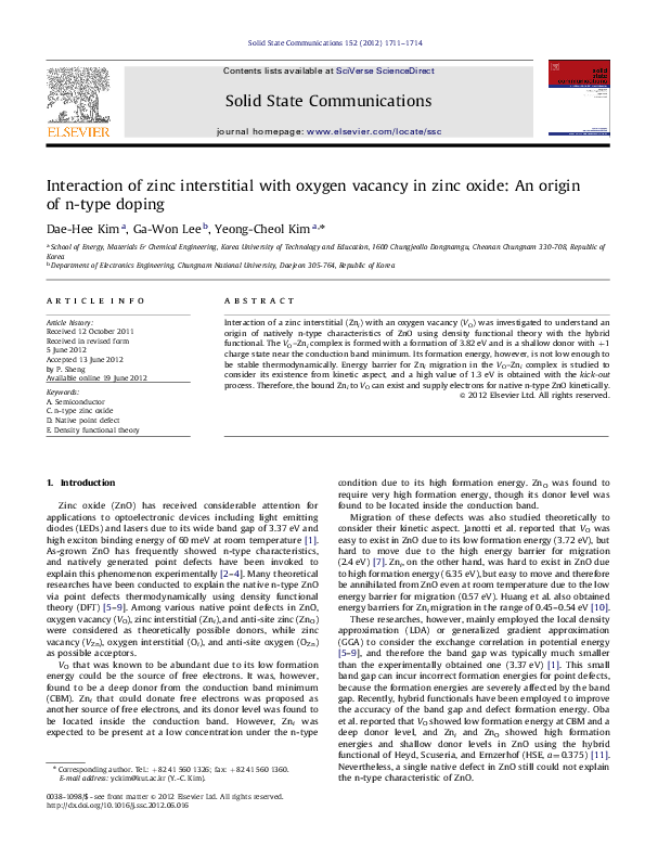 (PDF) Interaction of zinc interstitial with oxygen vacancy in zinc ...