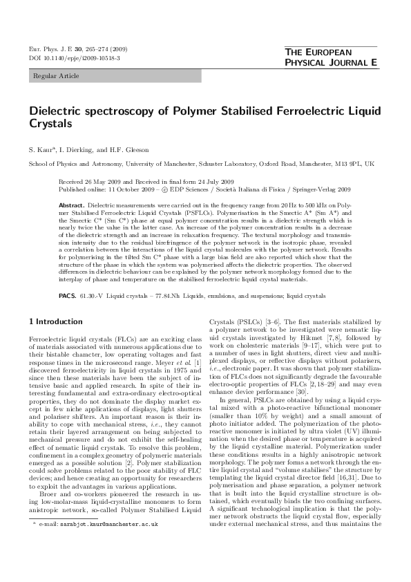 (PDF) Dielectric spectroscopy of Polymer Stabilised Ferroelectric ...