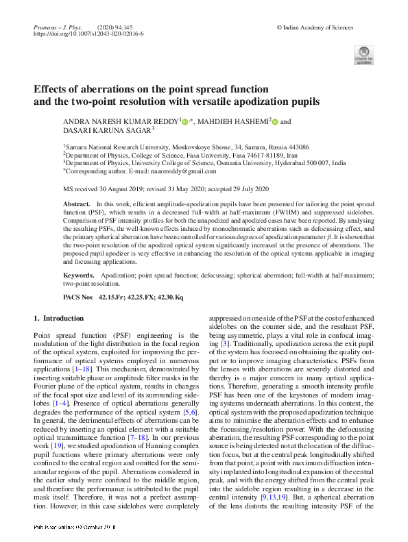 (PDF) Effects of aberrations on the point spread function and the two-point resolution with ...