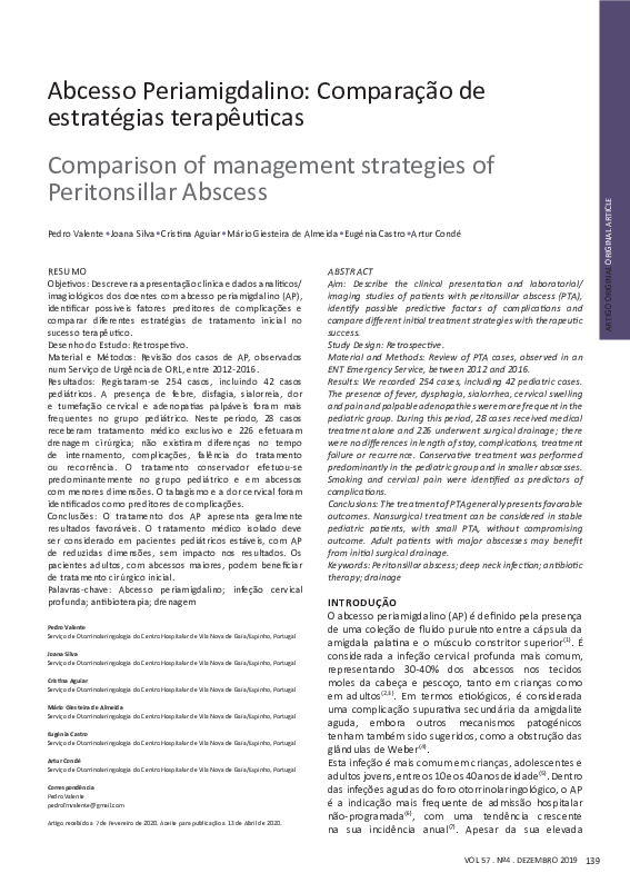 (PDF) Abcesso Periamigdalino: Comparação de estratégias terapêuticas