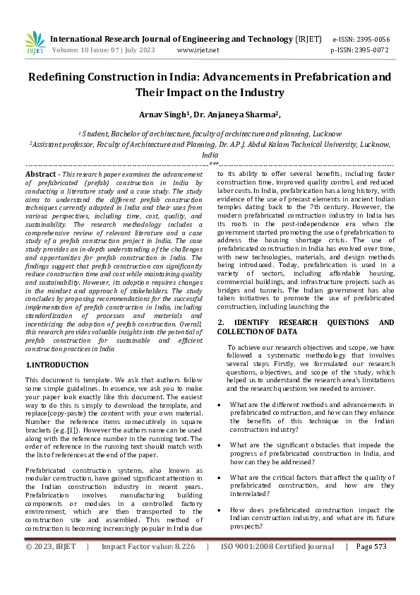 (PDF) Redefining Construction in India: Advancements in Prefabrication and Their Impact on the ...