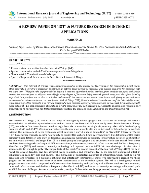 (PDF) A REVIEW PAPER ON "IOT" & FUTURE RESEARCH IN INTERNET APPLICATIONS