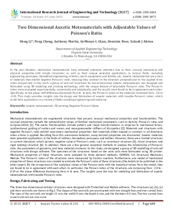 (PDF) Two Dimensional Auxetic Metamaterials with Adjustable Values of Poisson's Ratio