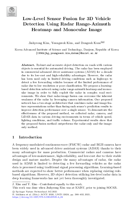 Pdf Low Level Sensor Fusion For 3d Vehicle Detection Using Radar Range Azimuth Heatmap And