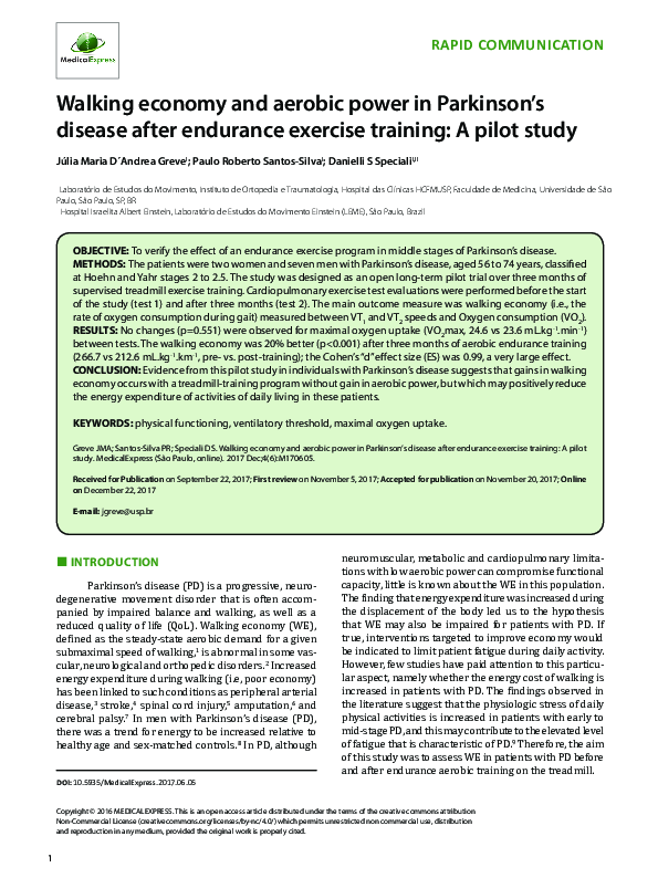 (PDF) Walking economy and aerobic power in Parkinson’s disease after endurance exercise training ...