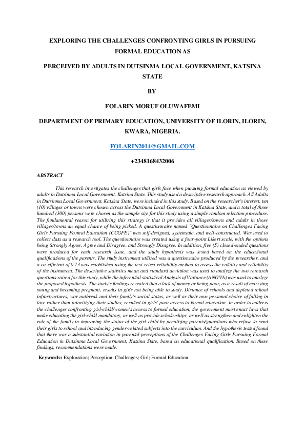 (PDF) EXPLORING THE CHALLENGES CONFRONTING GIRLS IN PURSUING FORMAL ...