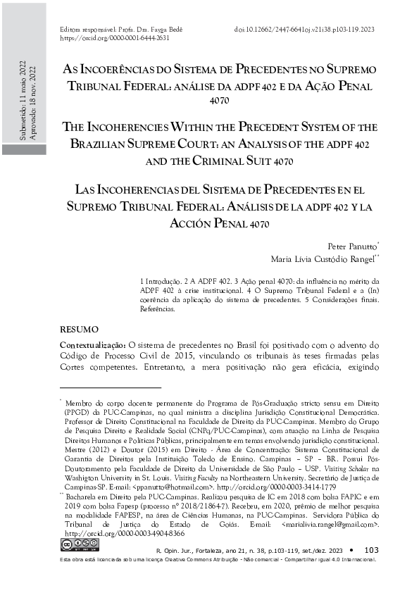 (PDF) PANUTTO, Peter; RANGEL, Maria Lívia Custódio. AS INCOERÊNCIAS DO ...