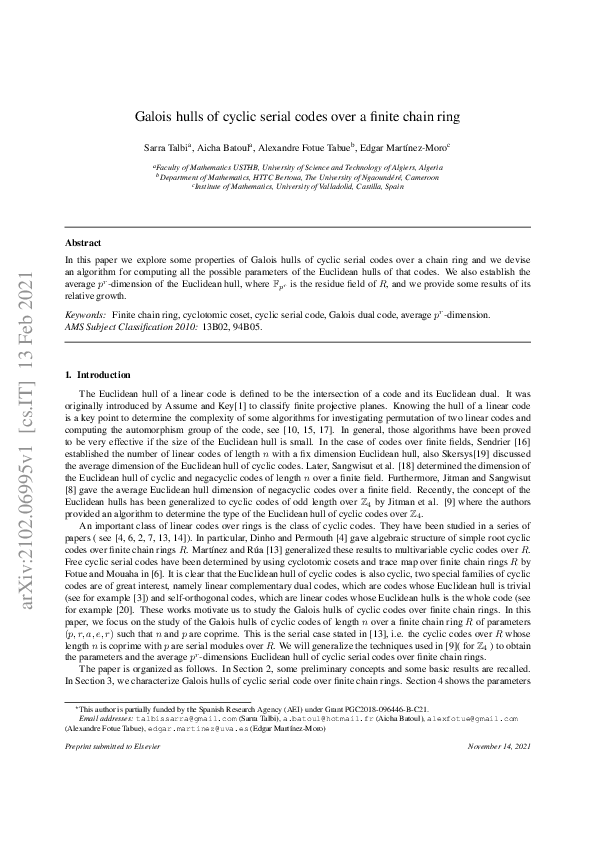 (PDF) Galois hulls of cyclic serial codes over a finite chain ring