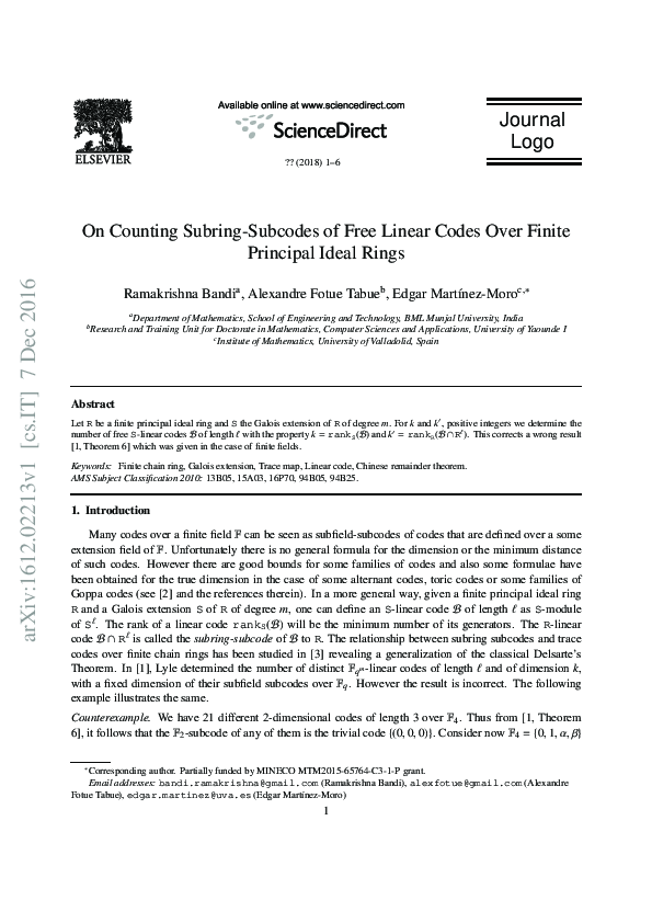 (PDF) On Counting Subring-Subcodes of Free Linear Codes Over Finite ...