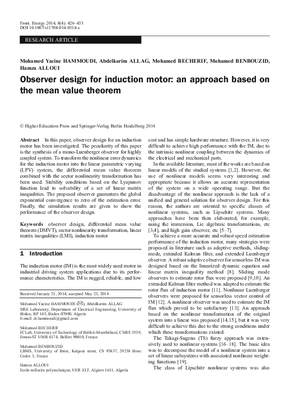 Pdf Observer Design For Induction Motor An Approach Based On The Mean Value Theorem
