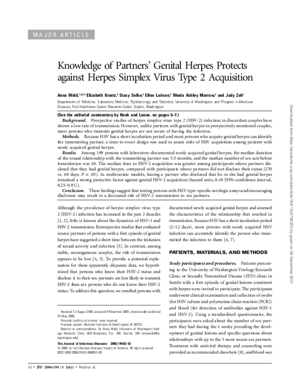 (PDF) Knowledge of Partners’ Genital Herpes Protects against Herpes ...