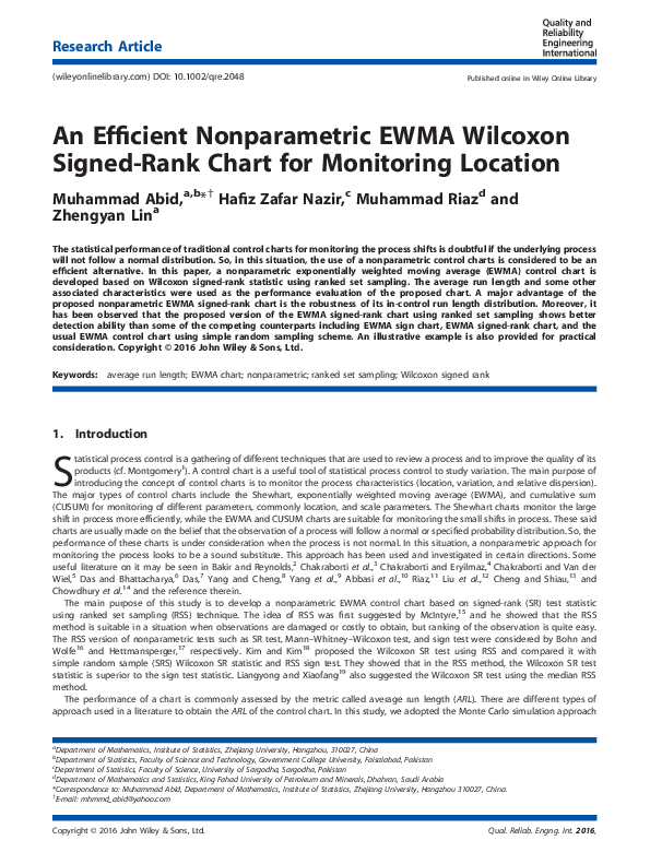 (PDF) An Efficient Nonparametric EWMA Wilcoxon Signed-Rank Chart for ...