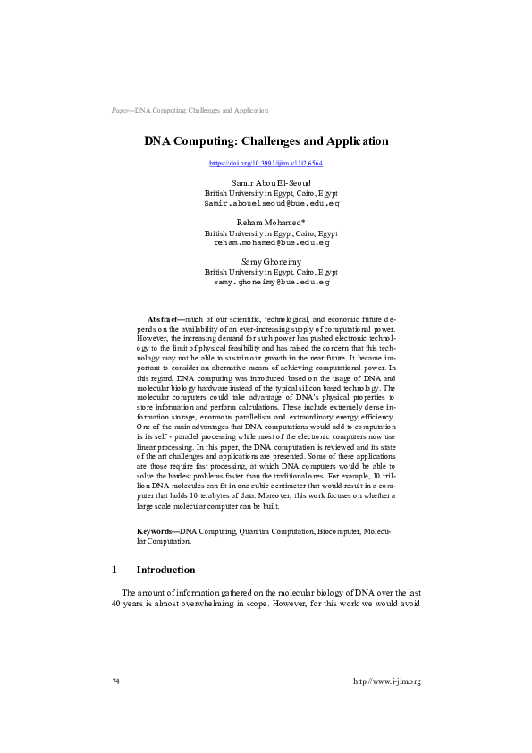 (PDF) DNA Computing: Challenges and Application