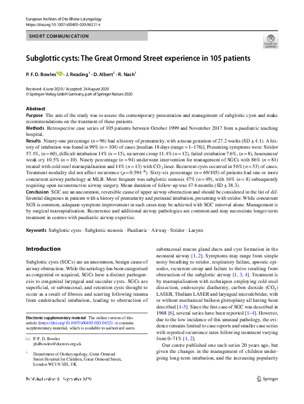 (PDF) Subglottic cysts: the Great Ormond Street experience