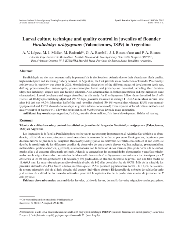 (PDF) Larval culture technique and quality control in juveniles of ...