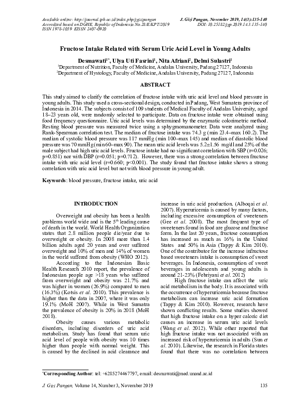 (PDF) Fructose Intake Related with Serum Uric Acid Level in Young Adults