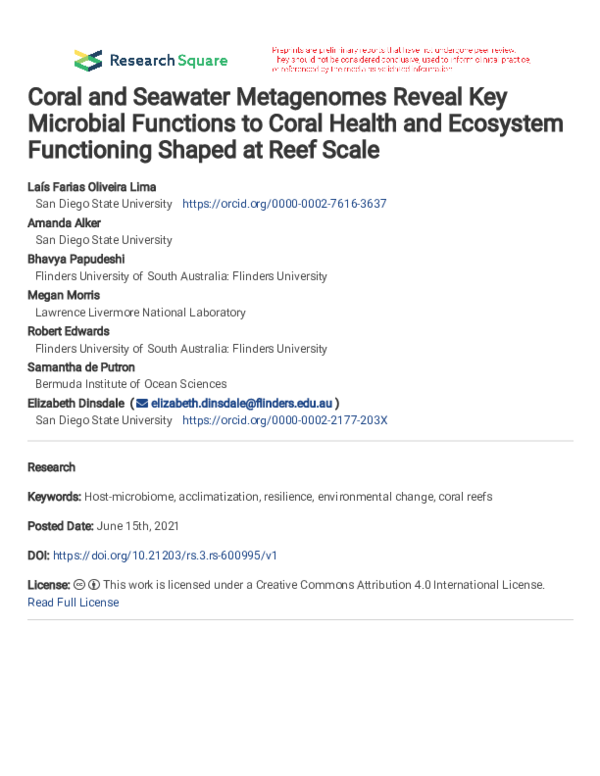 (PDF) Coral and Seawater Metagenomes Reveal Key Microbial Functions to Coral Health and ...
