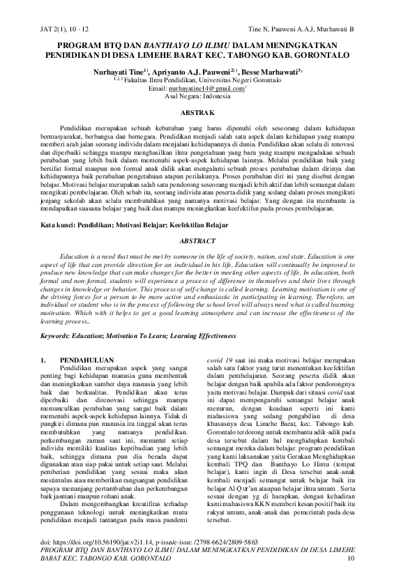 (PDF) Program BTQ Dan Banthayo Lo Ilimu Dalam Meningkatkan Pendidikan DI Desa Limehe Barat Kec ...