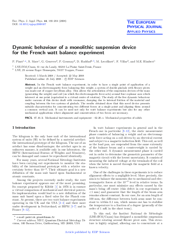 (PDF) Dynamic behaviour of a monolithic suspension device for the French watt balance experiment