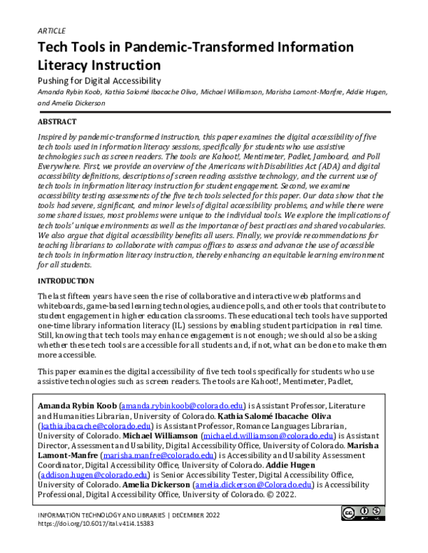 (PDF) Tech Tools in Pandemic-Transformed Information Literacy Instruction