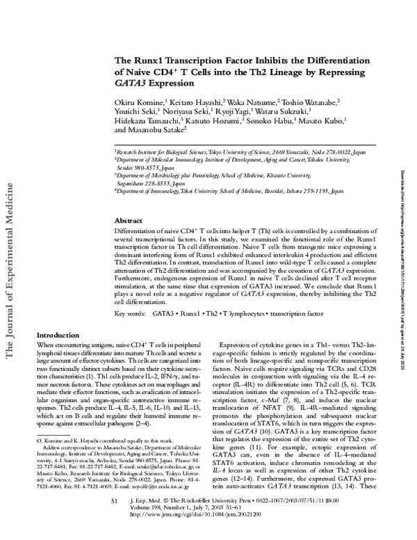 (PDF) The Runx1 Transcription Factor Inhibits the Differentiation of Naive CD4+ T Cells into the ...