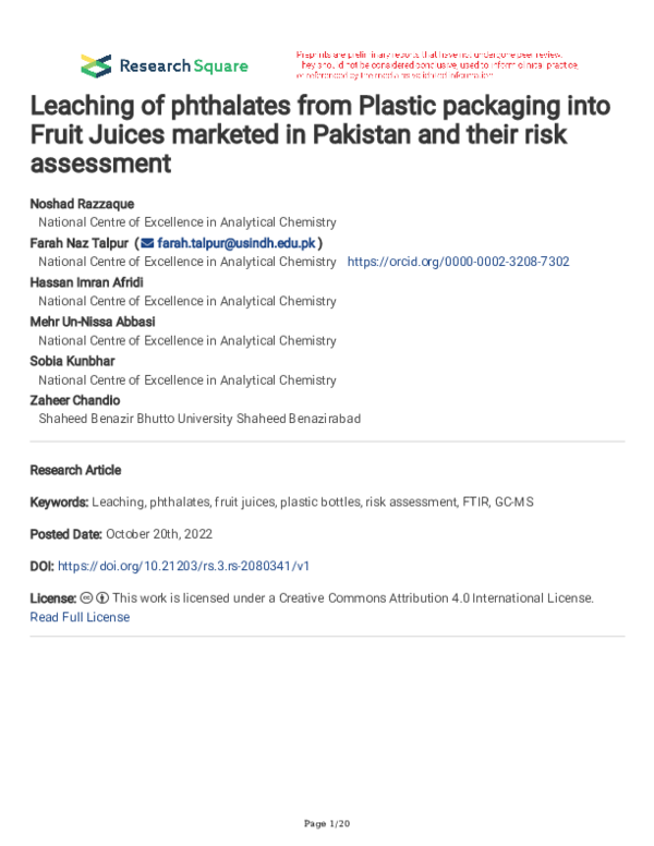(PDF) Leaching of phthalates from Plastic packaging into Fruit Juices ...