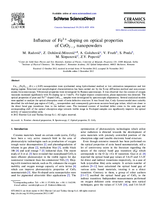 (PDF) Influence of Fe3+-doping on optical properties of CeO2− nanopowders