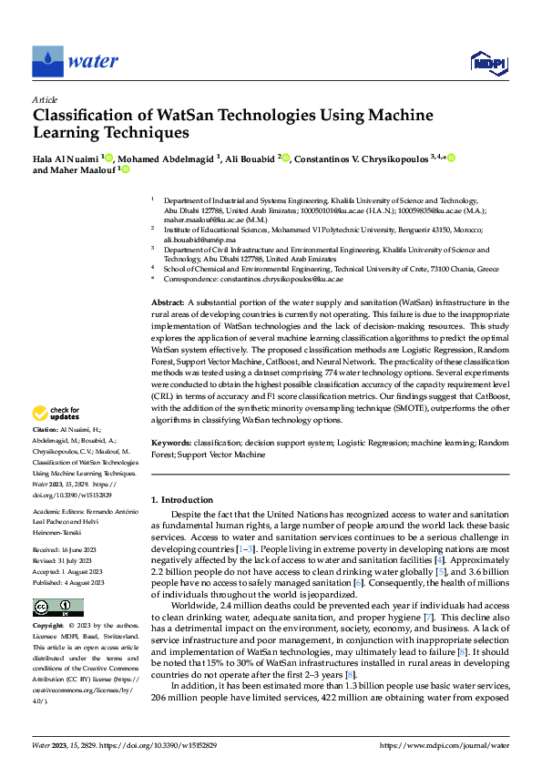 (PDF) Classification of WatSan Technologies Using Machine Learning Techniques