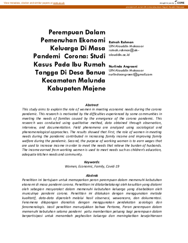 (PDF) Perempuan Dalam Pemenuhan Ekonomi Keluarga Di Masa Pandemi Corona: Studi Kasus Pada Ibu ...